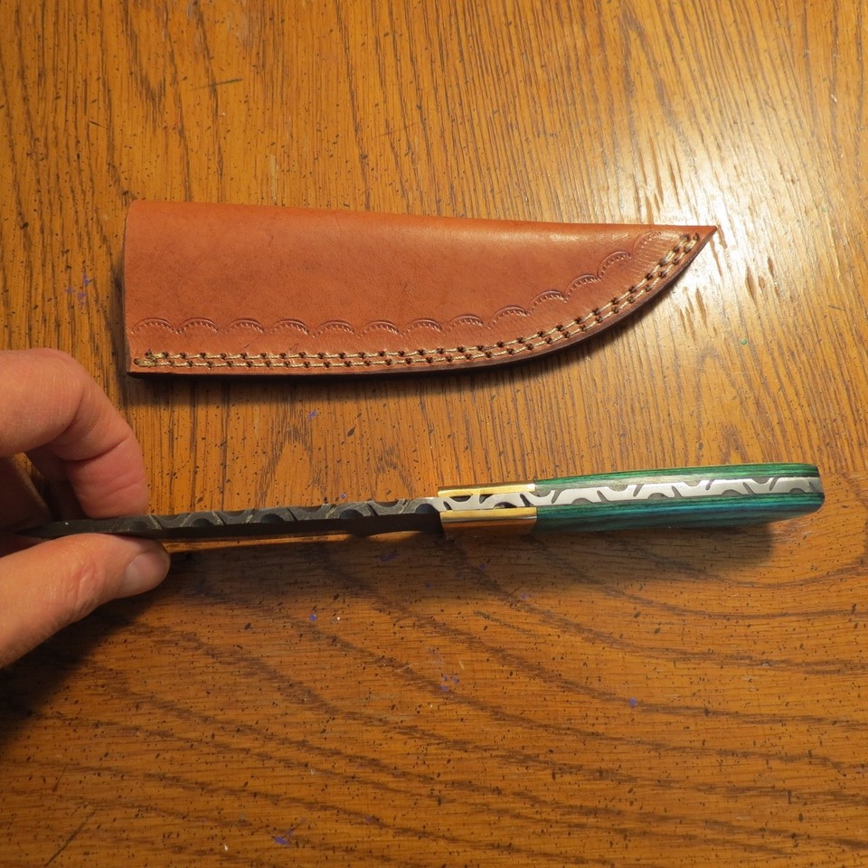 Large Damascus caping knife w/ laminated wood & leather sheath hand ...