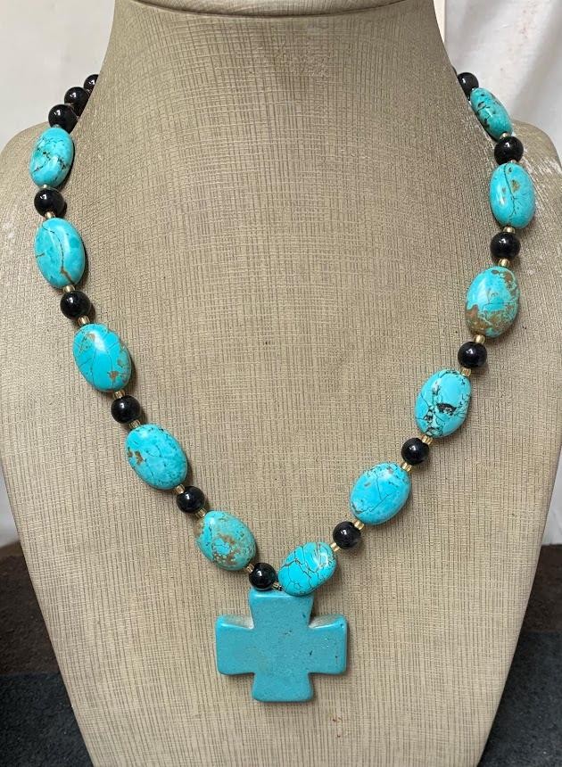 19" reconstituted turquoise/black quartz/ necklace/cross pendant(y348a ...