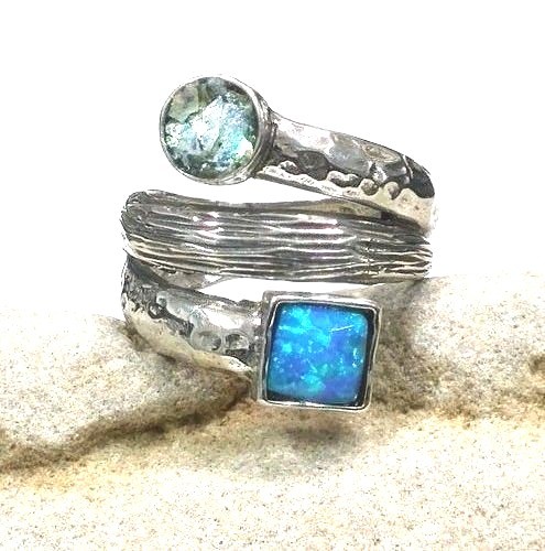 Roman Glass Ring Silver 925 Ancient Round Fragment 200 B.C Blue Lab ...