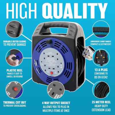 4 WAY SOCKET 25M CABLE EXTENSION REEL THERMAL CUT OUT INDOOR OUTDOOR ...