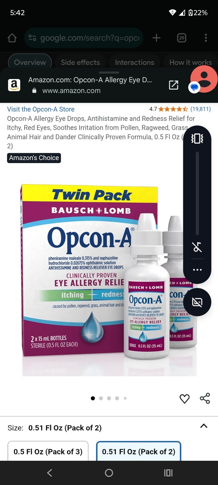 Bausch Lomb Opcon A Eye Drops Pack of 2 Allergy Relief Itchy Red Eyes 0 ...