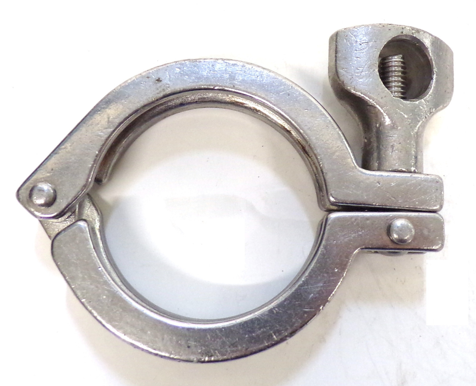 SANITARY SS CLAMPS (LOT OF 2) SINGLE PIN (1) 1/2" (1) 2" W/CROSS HOLE ...