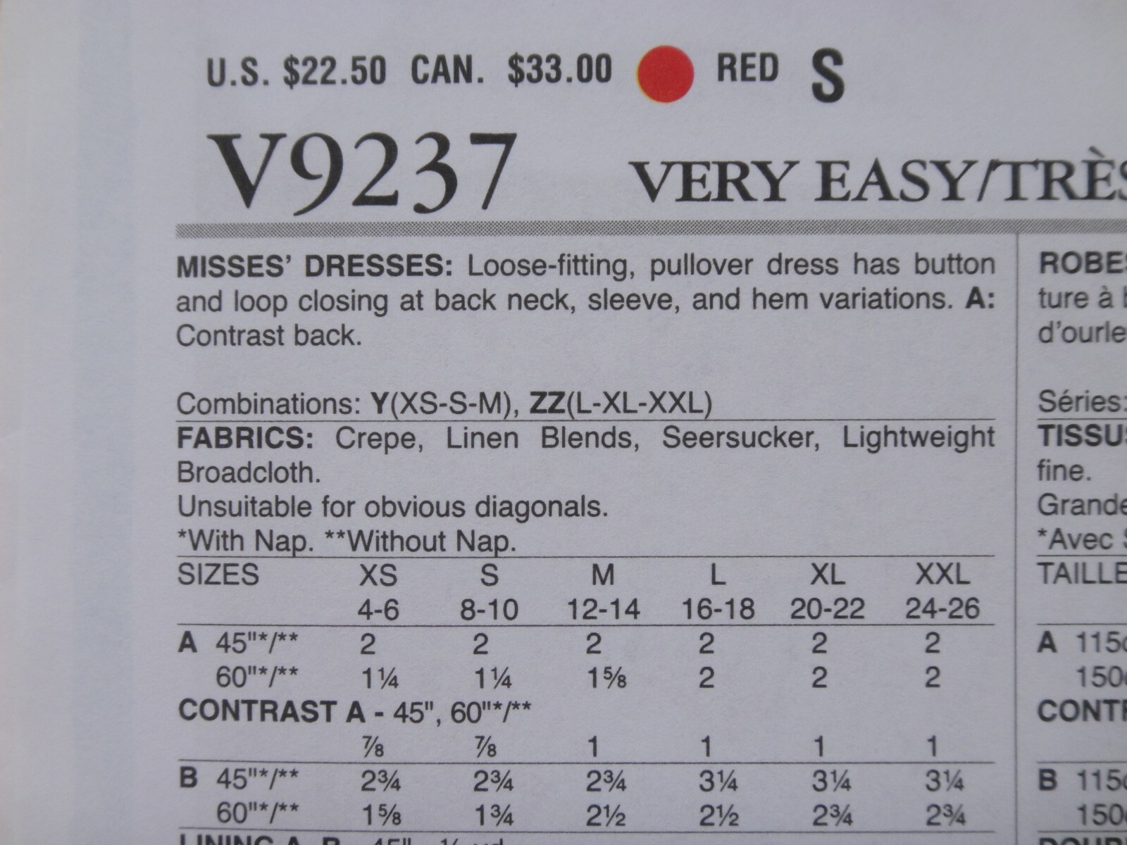 Vogue 9237 Very Easy Loose Fitting Pullover Dress Pattern Misses' XS-M ...