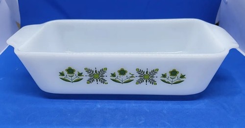 Vintage 70s Anchor Hocking Pyrex Loaf Pan Meadow Green Pattern Ovenware ...