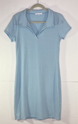 NWOT Antistar Rib Knit Dress L Bodycon Short Sleeve V-Neck Blue Knee ...
