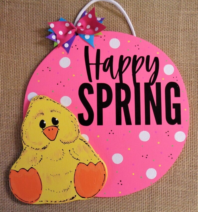 HAPPY SPRING Chick Sign Wood Plaque Hot Pink Hand Crafted Door Wall ...