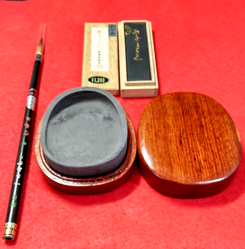 Japanese Inkstone box 硯箱 Inkstone 硯 Ink 墨 Brush 筆 Calligraphy utensils ...
