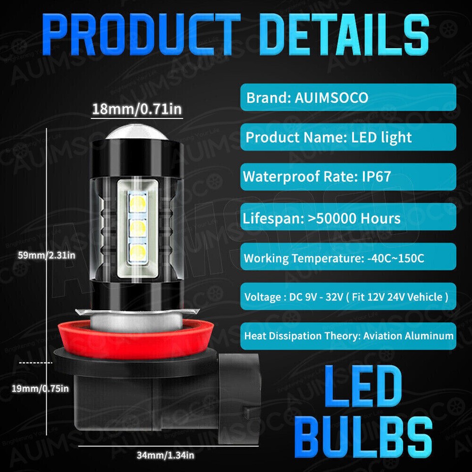 LED Fog Light Bulb H11 High Power Driving Lamps 10000K White Foglights ...