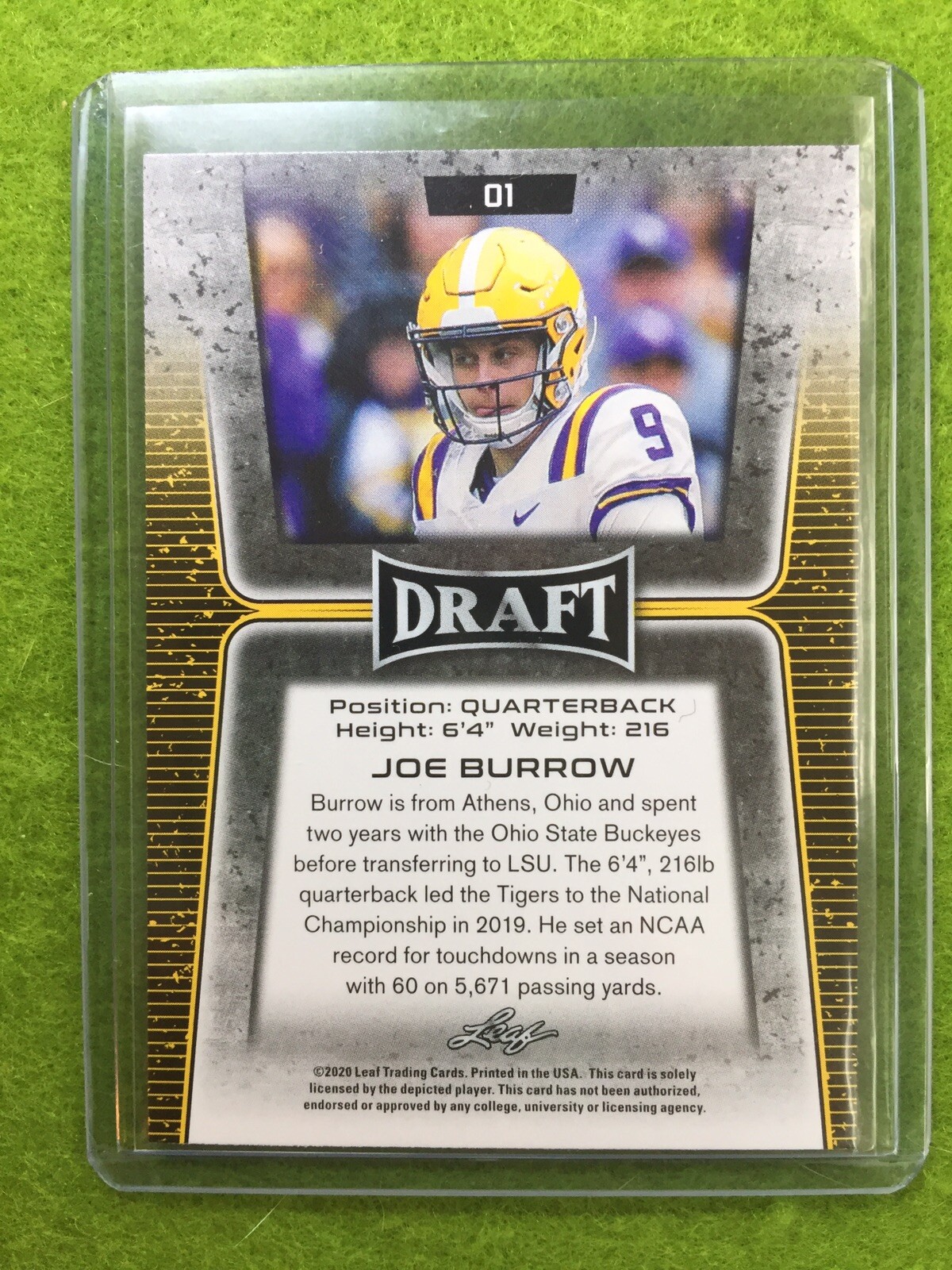 JOE BURROW ROOKIE CARD JERSEY #9 LSU RC 2020 Leaf Football CINCINNATI ...
