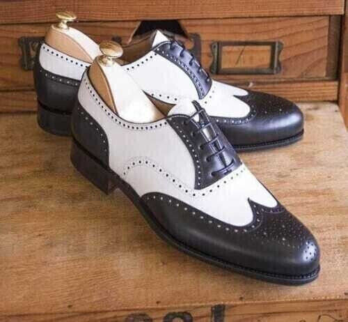 Handmade Two Tone Black , White Leather Brogue Shoes Wingtip Spectator ...