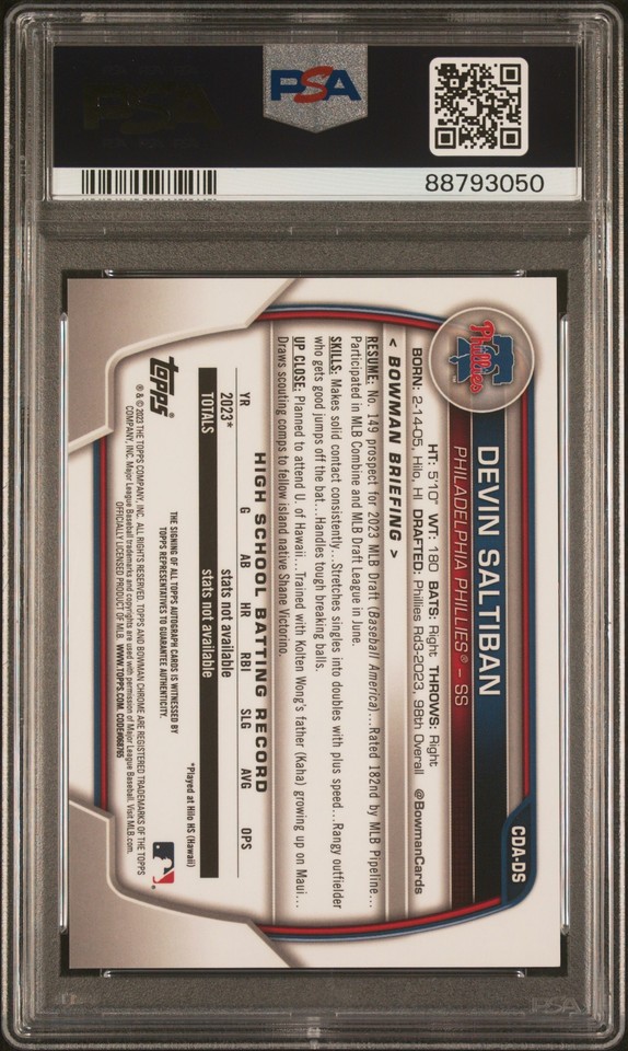 Devin Saltiban 2023 Bowman Draft Chrome 1st Autograph Auto Card #CDA-DS ...