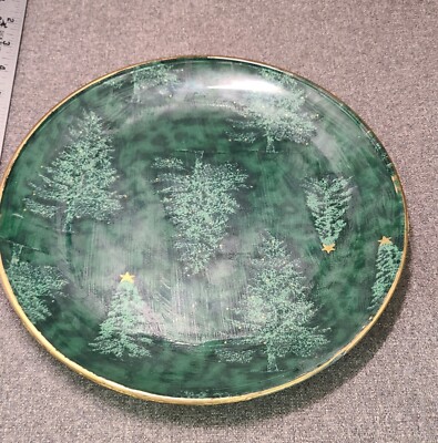 Vintage Christmas Theme Decoupage Plate Handmade ~10" Evergreen Trees ...