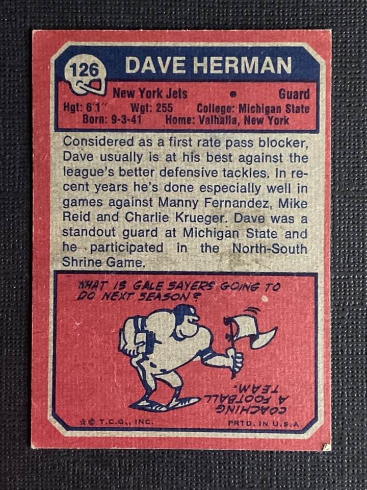 Dave Herman 1973 Topps Football Card #126 - New York Jets Guard | eBay