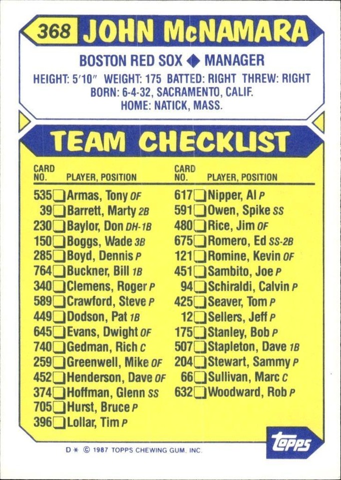 JOHN McNAMARA 1987 Topps Tiffany #368 BUY ANY 2 ITEMS FOR 50% OFF B212R4S8P50 | eBay