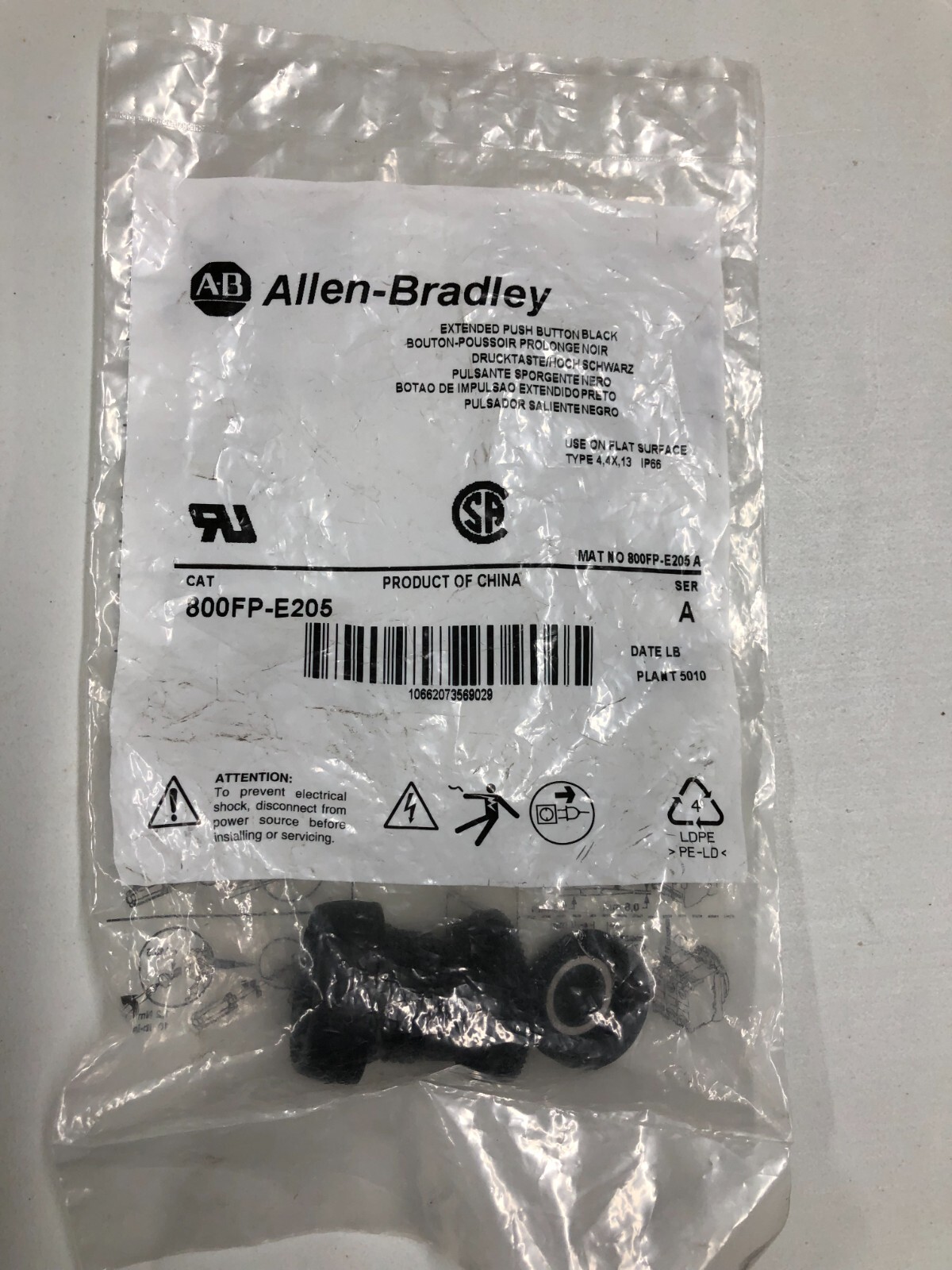 ALLEN BRADLEY 800FP-E205 EXTENDED HEAD BLACK PUSH BUTTON UNIVERSAL OFF ...