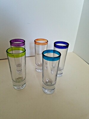 Vintage Shot Glass Clear Set Of 5 Tall Colored Rims 4 1/4 Inches Tall ...