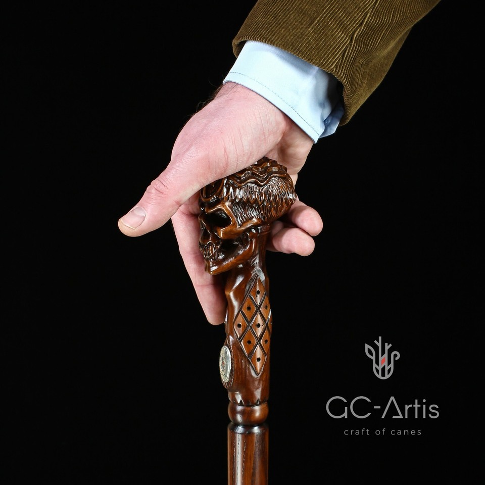 Skull Wooden Walking Stick Cane Hiking Staff Hand Carved Ankh Cross ...