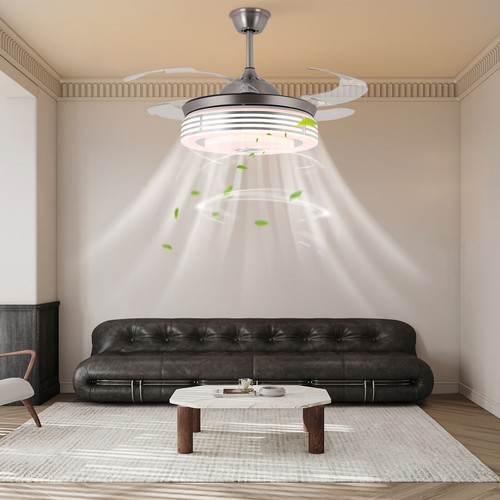 42" Modern Invisible Ceiling Fans with 7-Colors LED Chandelier W ...