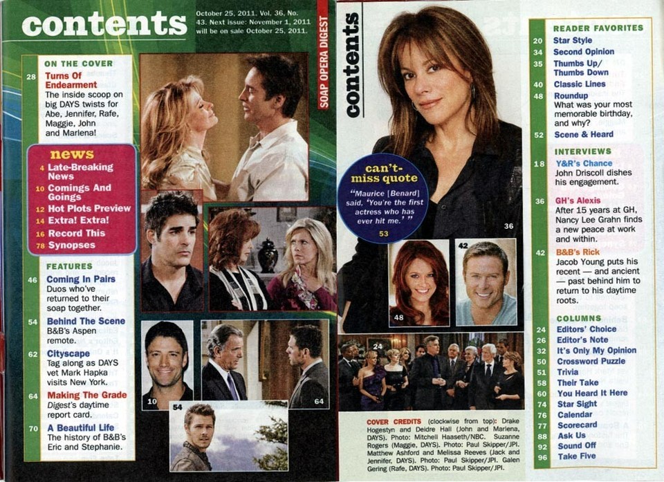 SOAP OPERA DIGEST October 25, 2011 Deidre Hall, Drake Hogestyn, Galen ...