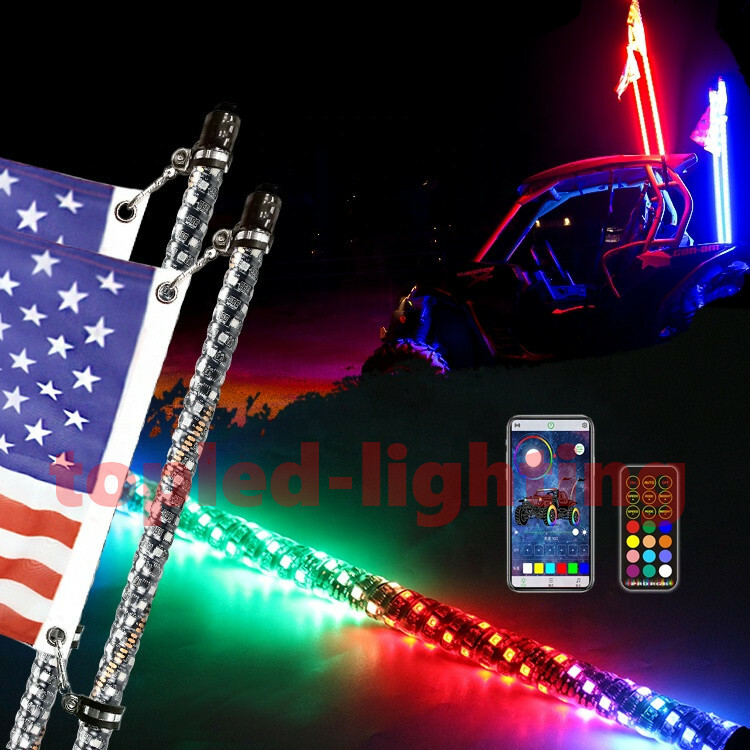 6FT Spiral LED Whip Antenna Flag Pole Light Chasing Color For ATV UTV ...