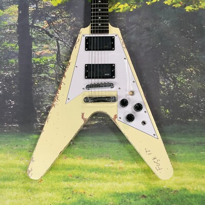 Ship from USA Flying V Electric Guitar Body RELIC cream Yellow Chrome ...
