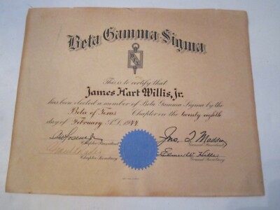 1944 BETA GAMMA SIGMA FRATERNITY CERTIFICATE - 10" X 8" - OFC-2 | eBay
