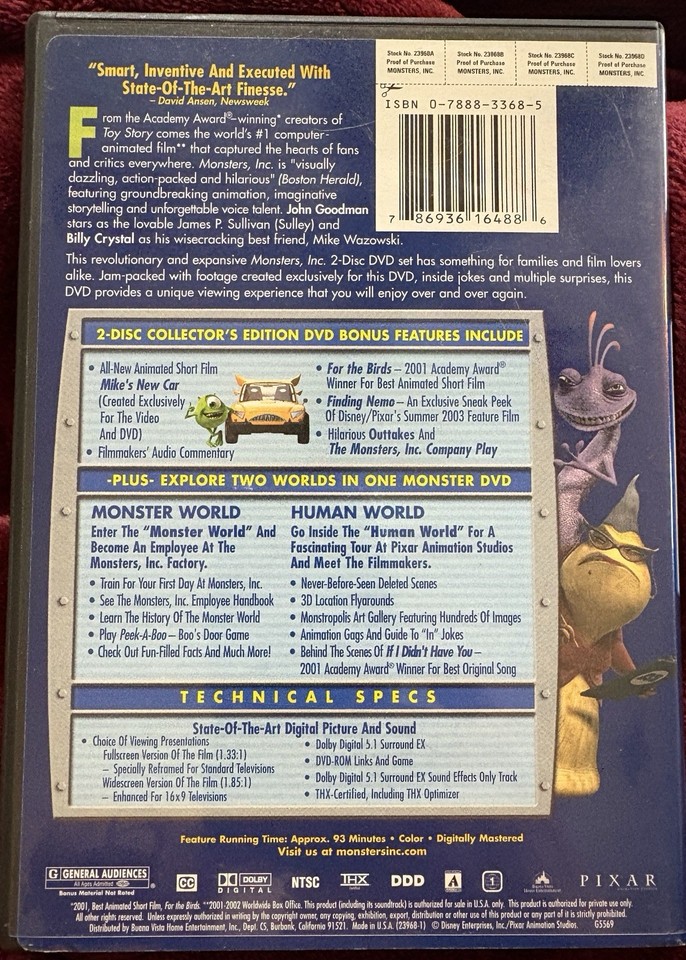 Disney Pixar Monsters Ink Movie Collectors Edition 2-Disc DVD Sealed ...