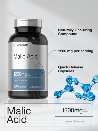 Malic Acid Capsules | 1200mg | 250 Count | Non-GMO and Gluten Free | by ...
