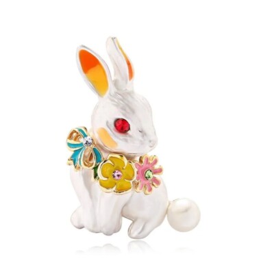 White Rabbit Brooch Silver Enamel Bunny Flower Garland Collar Simulated ...
