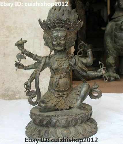 13" Tibet Buddhism Temple Pure bronze 3 Head 6 Arms Mahākāla Buddha ...