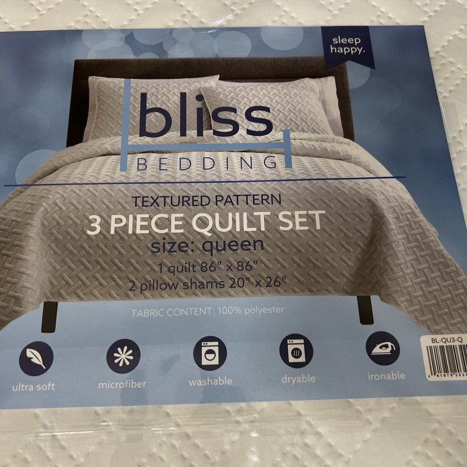 New Bliss Bedding 3 Piece Quilt Set Textured Pattern Queen Size Quilt 2 ...