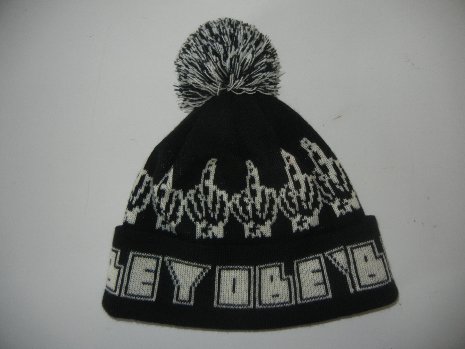 OBEY Middle-Finger Black Warm WINTER POM BEANIE Ski Gear Snowboard Hat ...