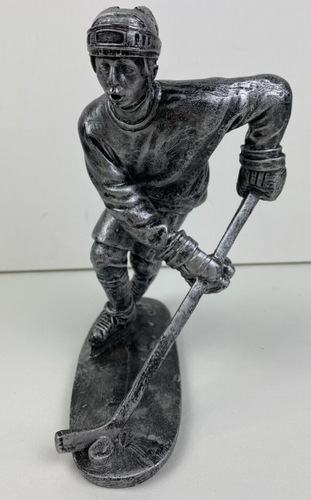 Hockey Player Passing Statue Silver Painted Resin Detail 8 Inch w/ Base ...