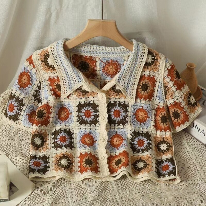 Knit Cardigan Top for Women Short Sleeve Crochet Embroidery Geometric ...