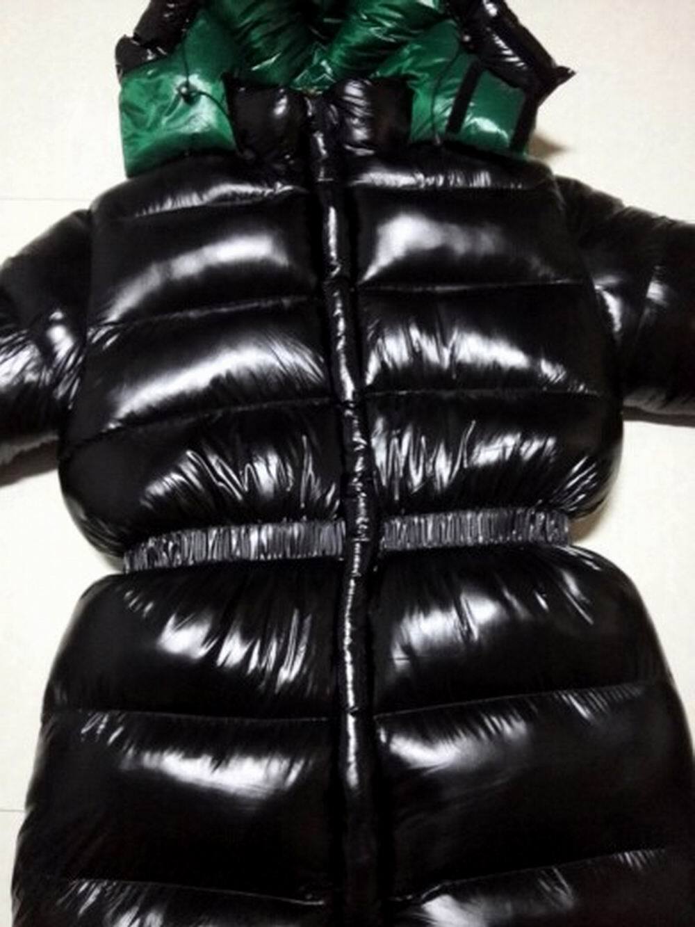 Shiny nylon ski down suit overall coat hood parka catsuit 2-6kg filling ...