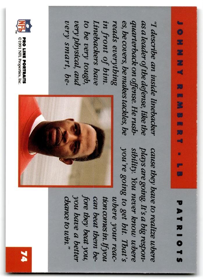 1991 Pro Line Portraits Johnny Rembert New England Patriots #74 | eBay