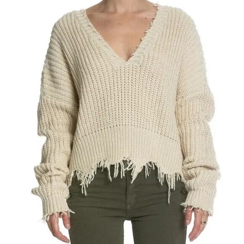 Elan Frayed Hem Edge V-Neck Chunky Knit Cropped Sweater Ivory size M | eBay