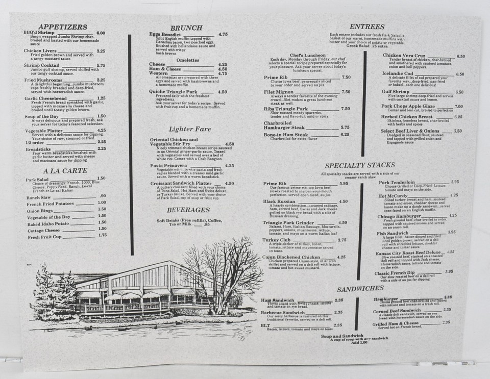 1990s Triangle Park Bar & Grille Restaurant Menu 3010 Trier Road Fort ...