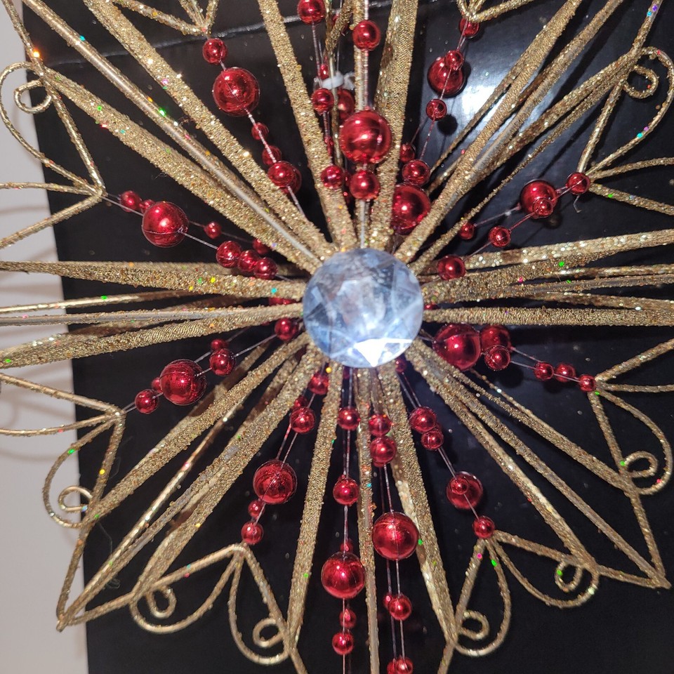 GOLD Jeweled & Red Beaded 15.5" STAR TREE TOPPER (Or Stand-Alone ...