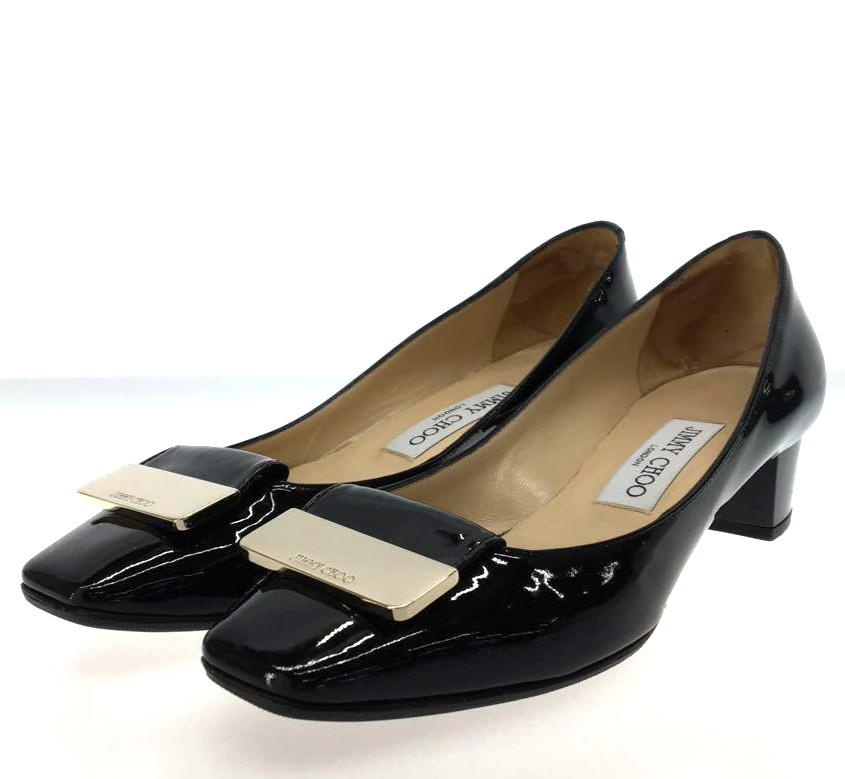 Jimmy Choo Square Toe Black Patent Pumps Logo Plaque … - Gem