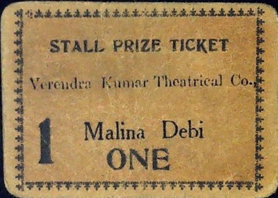 Verendra Kumar Stall Prize Ticket Malina Debi Theatrical India Card ...