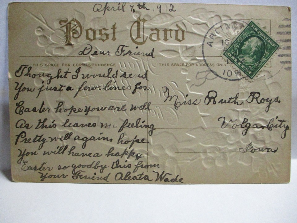 1910 POSTCARD MAY EASTER BLESSINGS CHEER THEE, EGG SHELL AND WILD ROSES ...