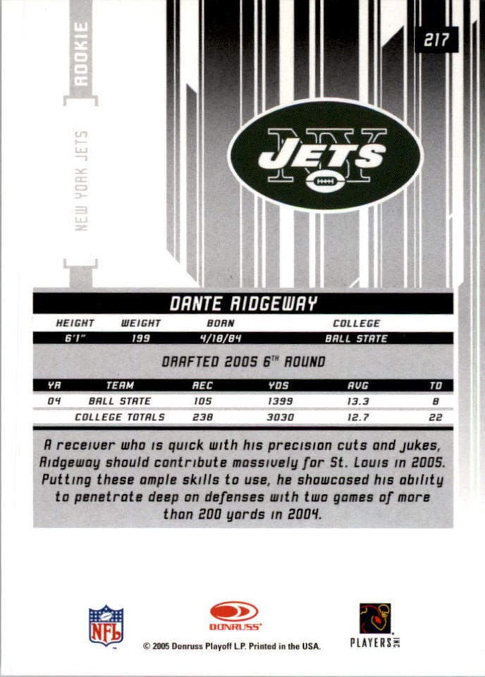 2005 Leaf Rookies and Stars Longevity Emerald #217 Dante Ridgeway /50 ...