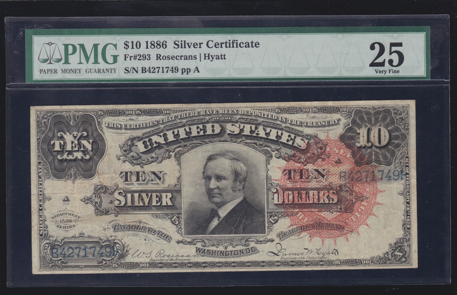 US 1886 $10 Tombstone Silver Certificate Ornate Back FR 293 PMG 25 VF ...