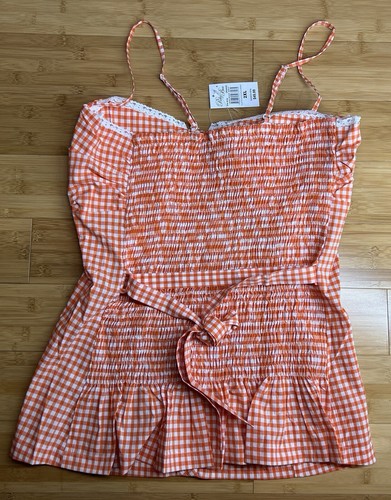 Picky Boo orange Gingham adjustable strap women shirt W/Belt MSRP $50 ...