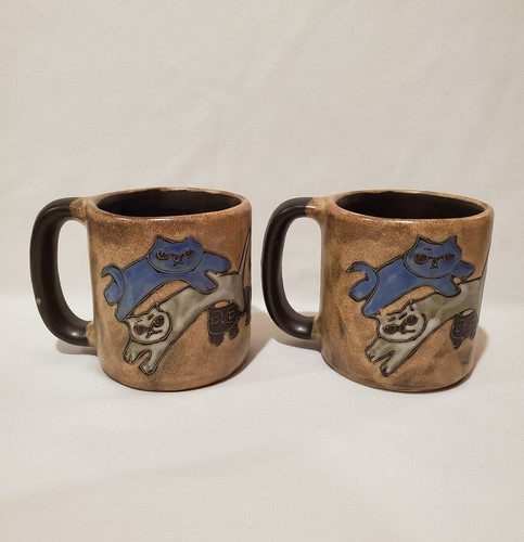 Pair Of MARA Mexico Stoneware Pottery Coffee Soup Mugs Large 16 oz Cats ...