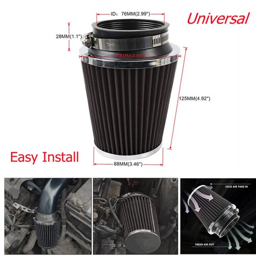 3" High Flow Inlet Cleaner Dry Filter Cold Air Intake Cone Clamp ...