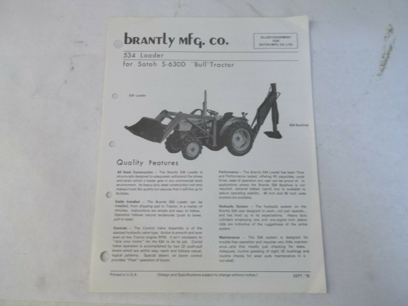 Brantly 534 Loader for Satoh S-630D Bull Tractor Brochure | eBay