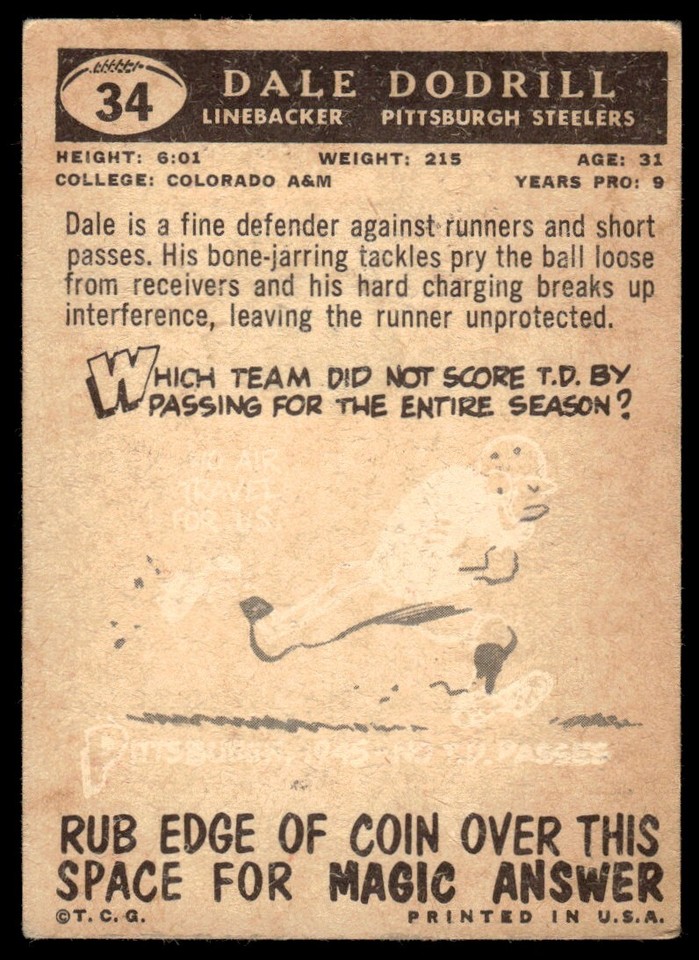 1959 Topps Dale Dodrill Pittsburgh Steelers #34 | eBay