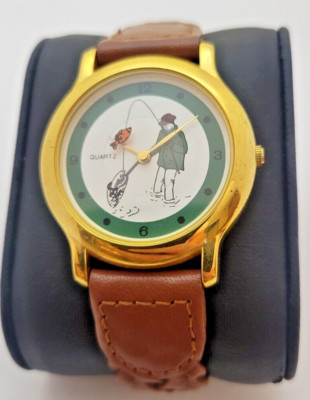 Men's Quartz Fishing Watch, 36mm, Gold Tone Case and a Rotation Fish on ...